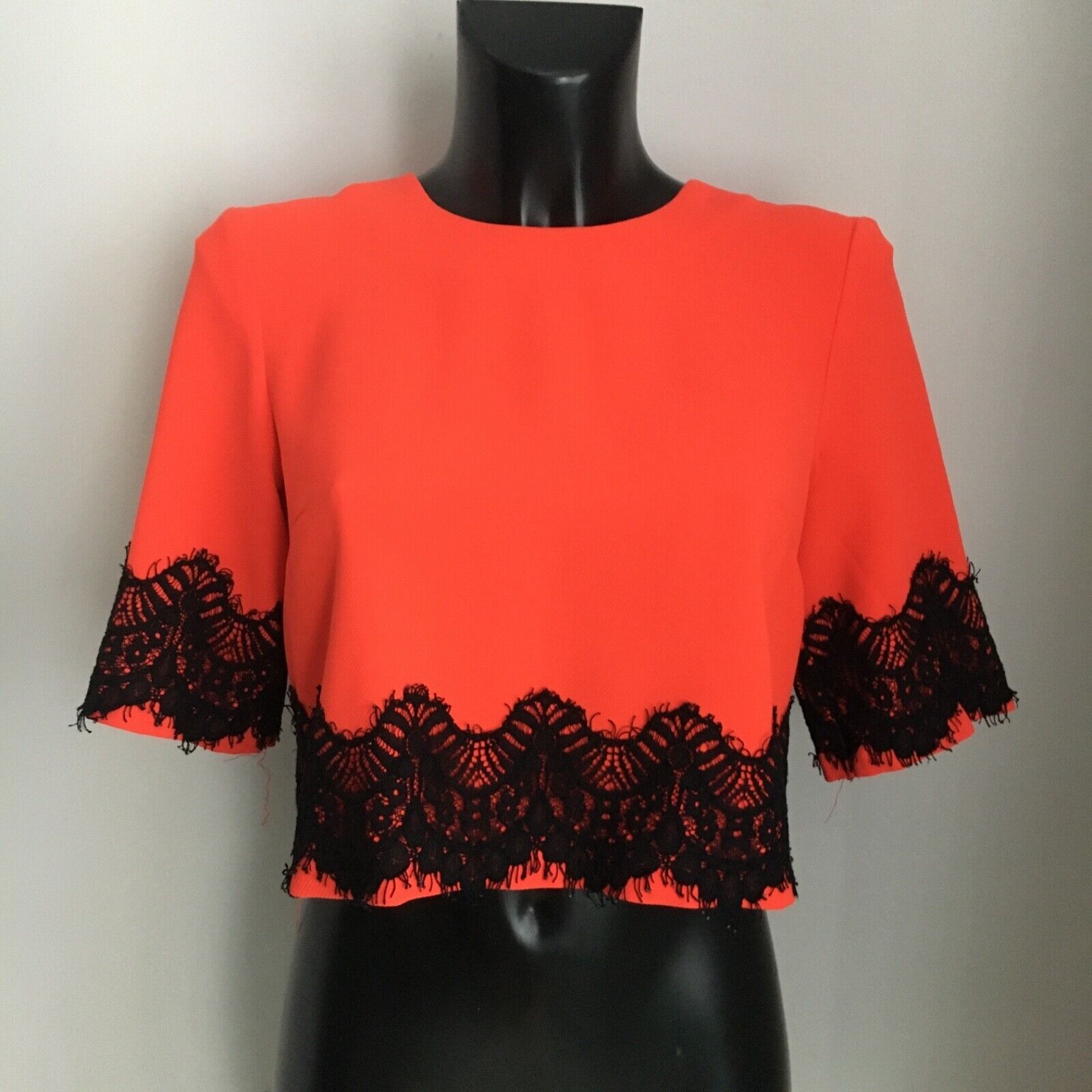 FRENCH CONNECTION TOP Hot Orange Red CROP Black LACE UK 10 Smart Dress ...